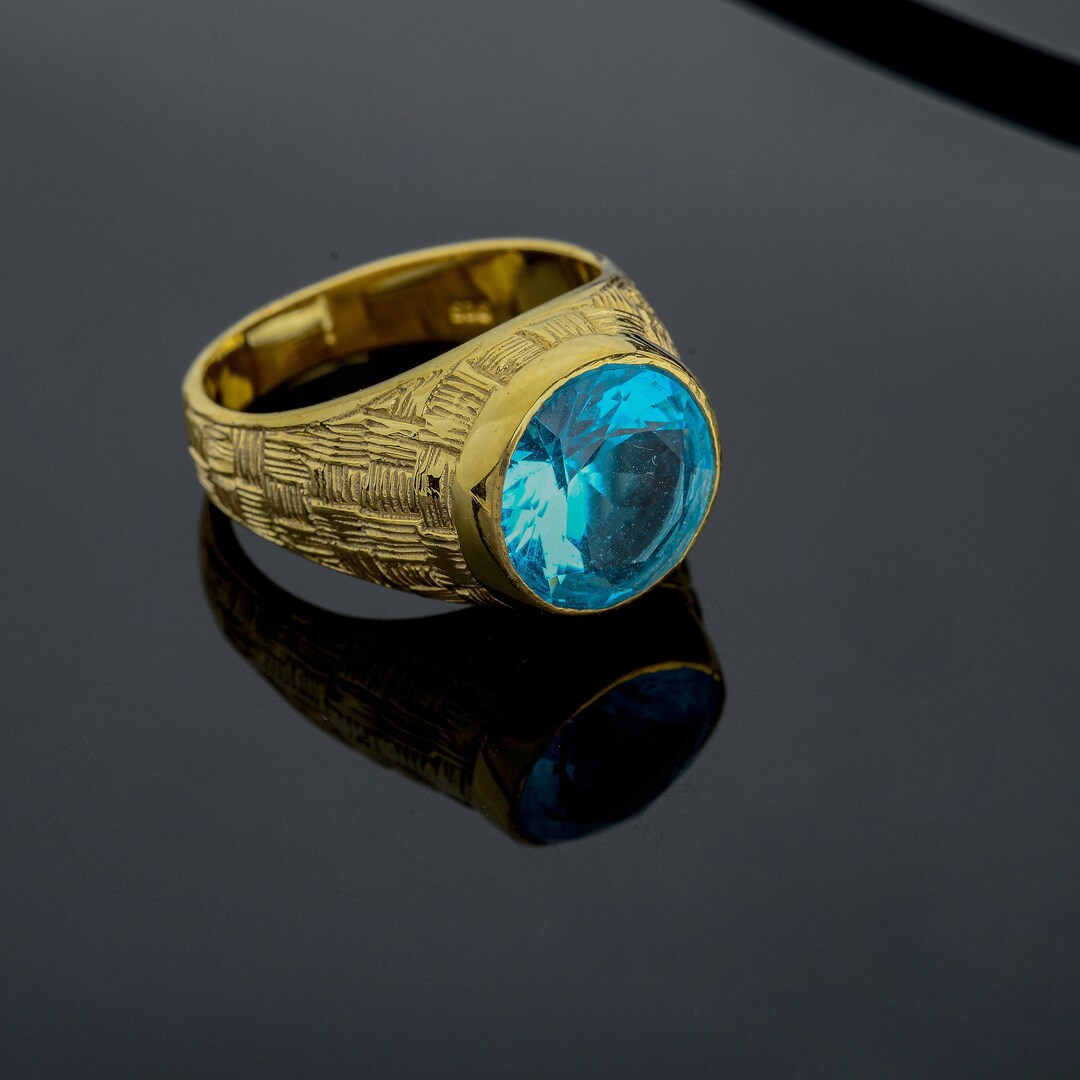 10k Gold Aque Blue Gemstone Oval Mens Ring, Vintage Gemstone Men Ring ...