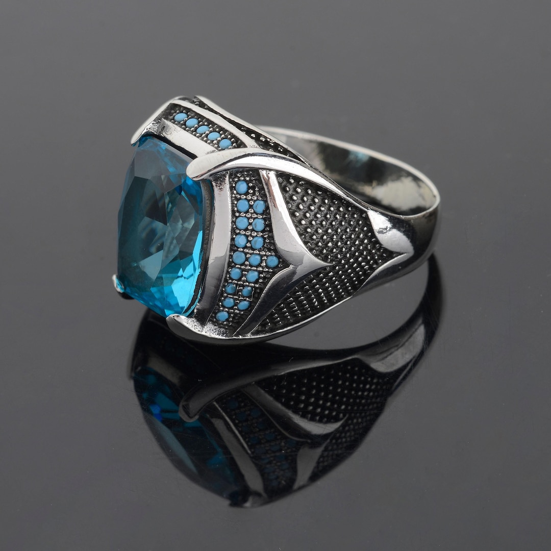 925k Aquamarine Stone Ring Man, Ocean Blue Gemstone Ring, Turkish ...