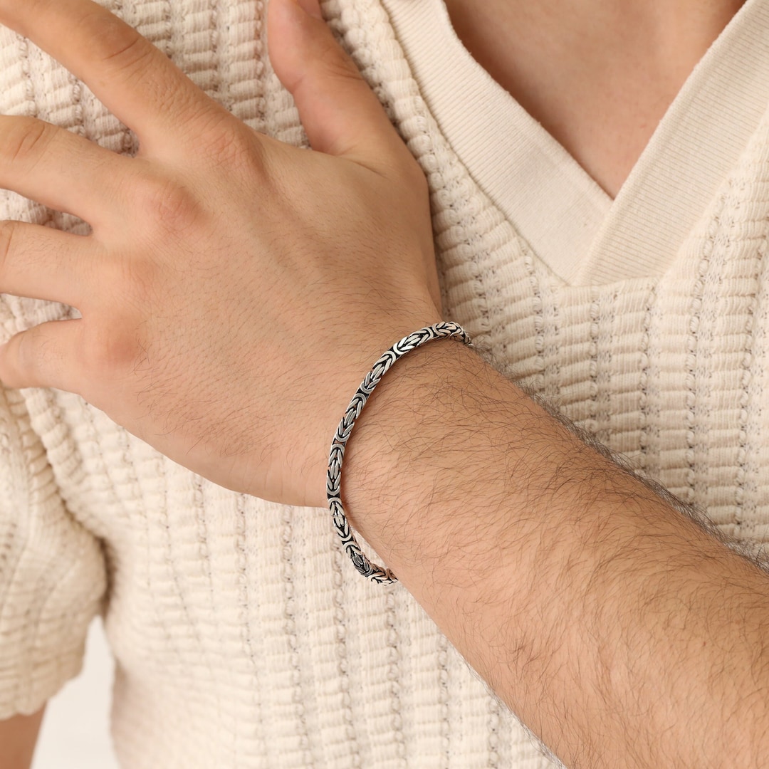 Sterling Silver Handmade King Bracelet, Square Byzantine Chain for Men ...