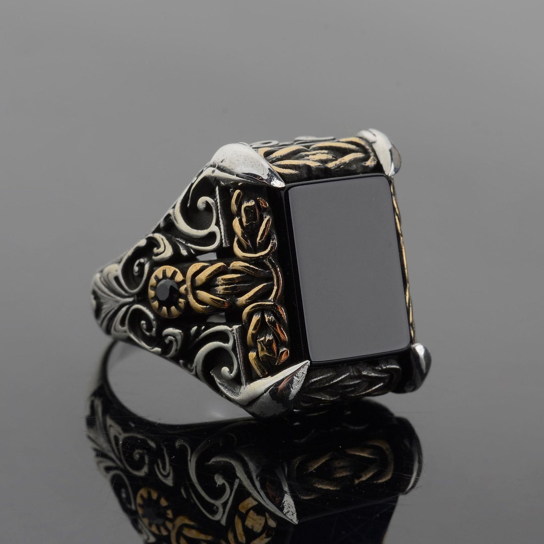 Black Onyx Man Ring, Sterling Silver Onyx Stone Ring, Ottoman Style ...