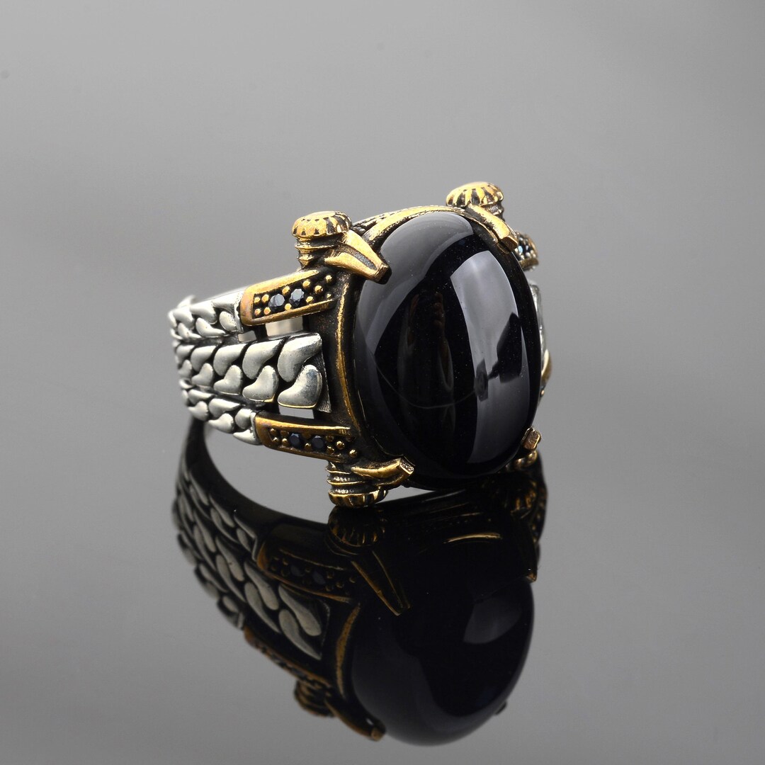 925 Silver Black Onyx Stone Men's Ring, Knit Detailed Men Ring ...