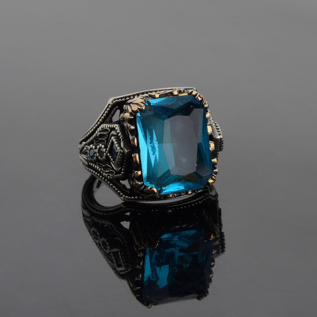 925k Silver Aquamarine Stone Mens Ring, Turkish Style Handmade Ring ...