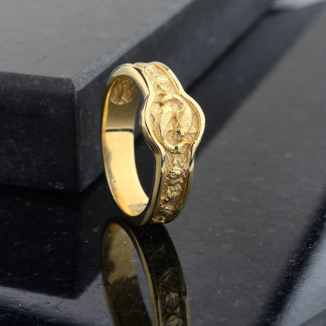 Solid 10k Gold Japanese Koi Fish Band Ring, Japan Ornament Carp Ring ...