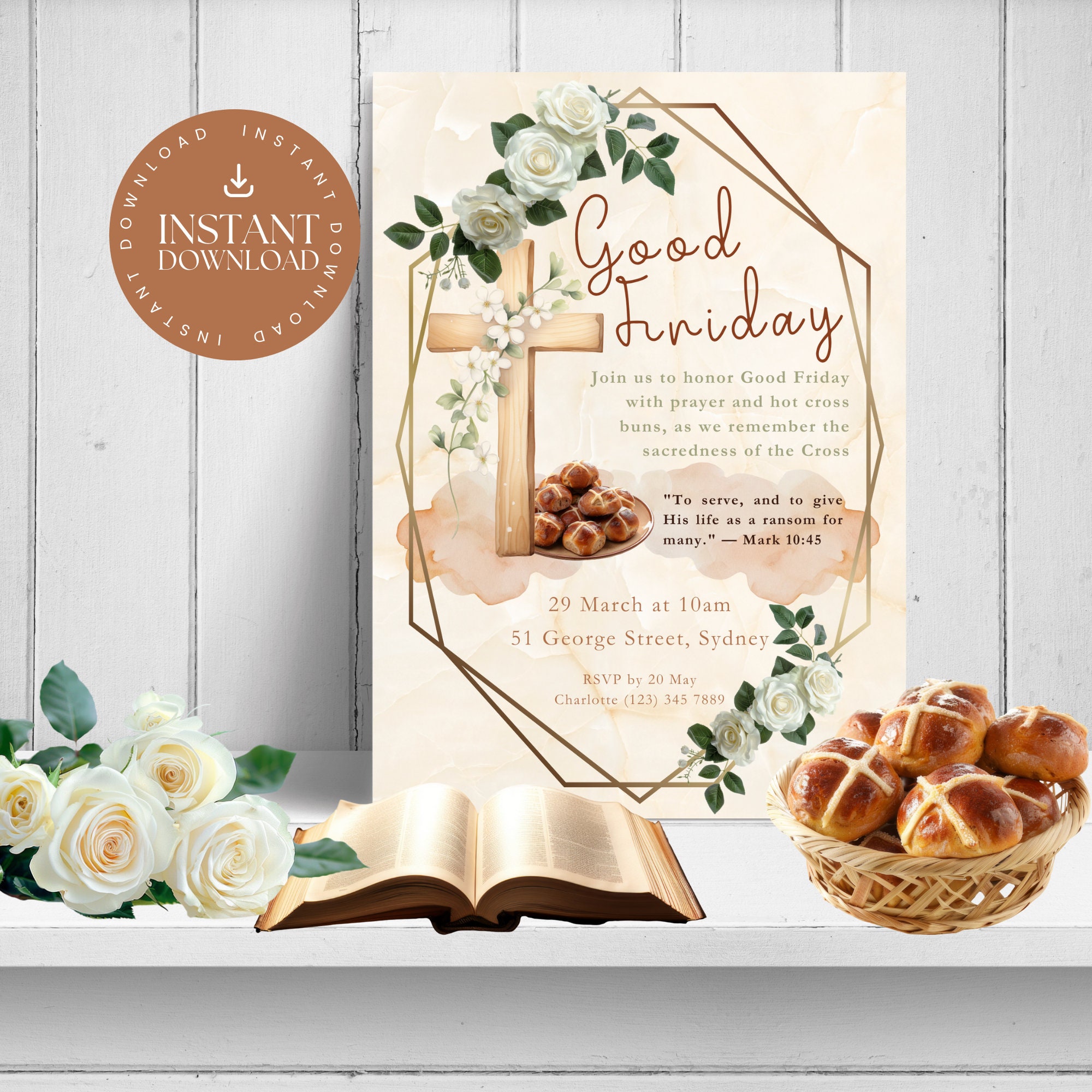 Good Friday Invitation INSTANT DOWNLOAD, Religious Cross, White Roses ...