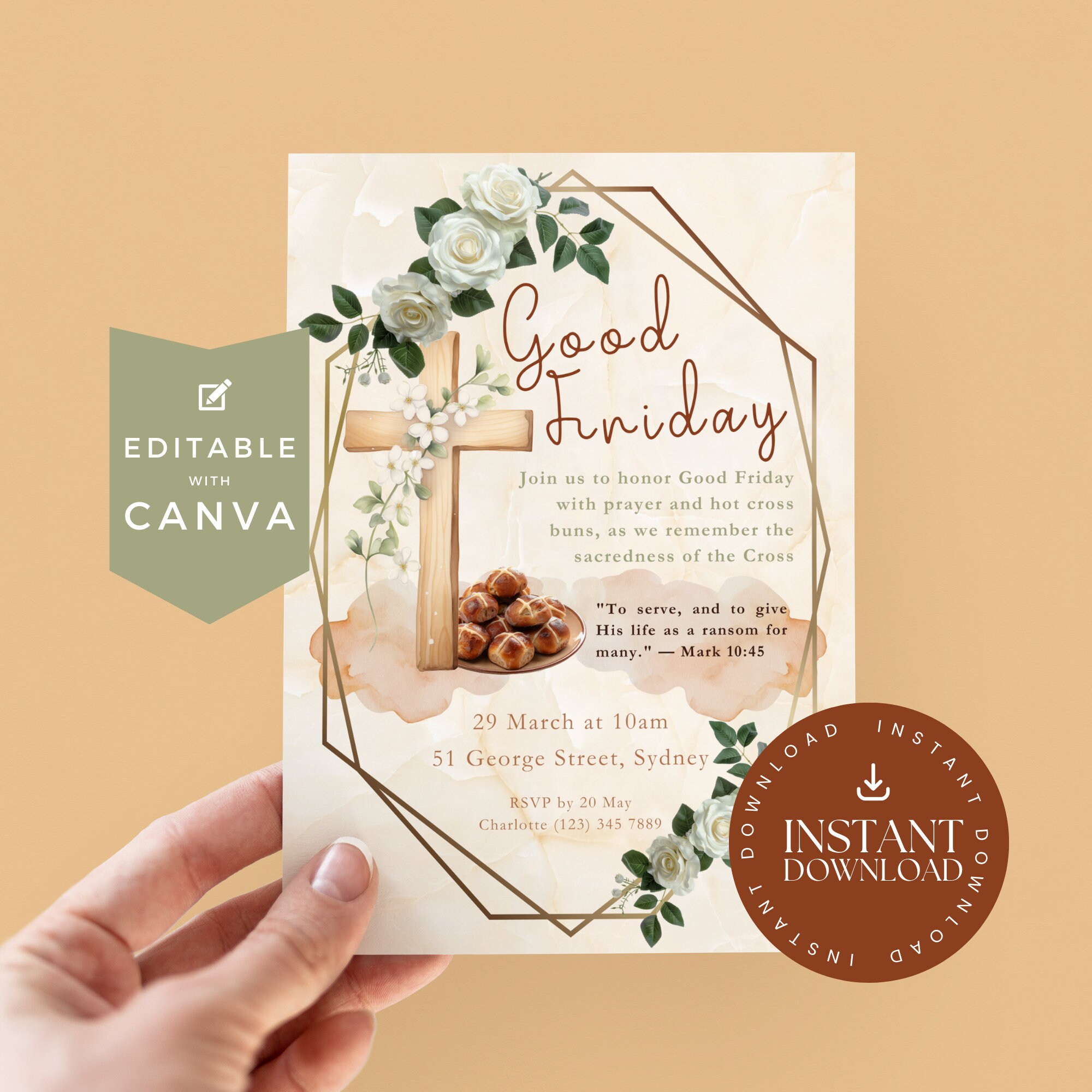 Good Friday Invitation INSTANT DOWNLOAD, Religious Cross, White Roses ...