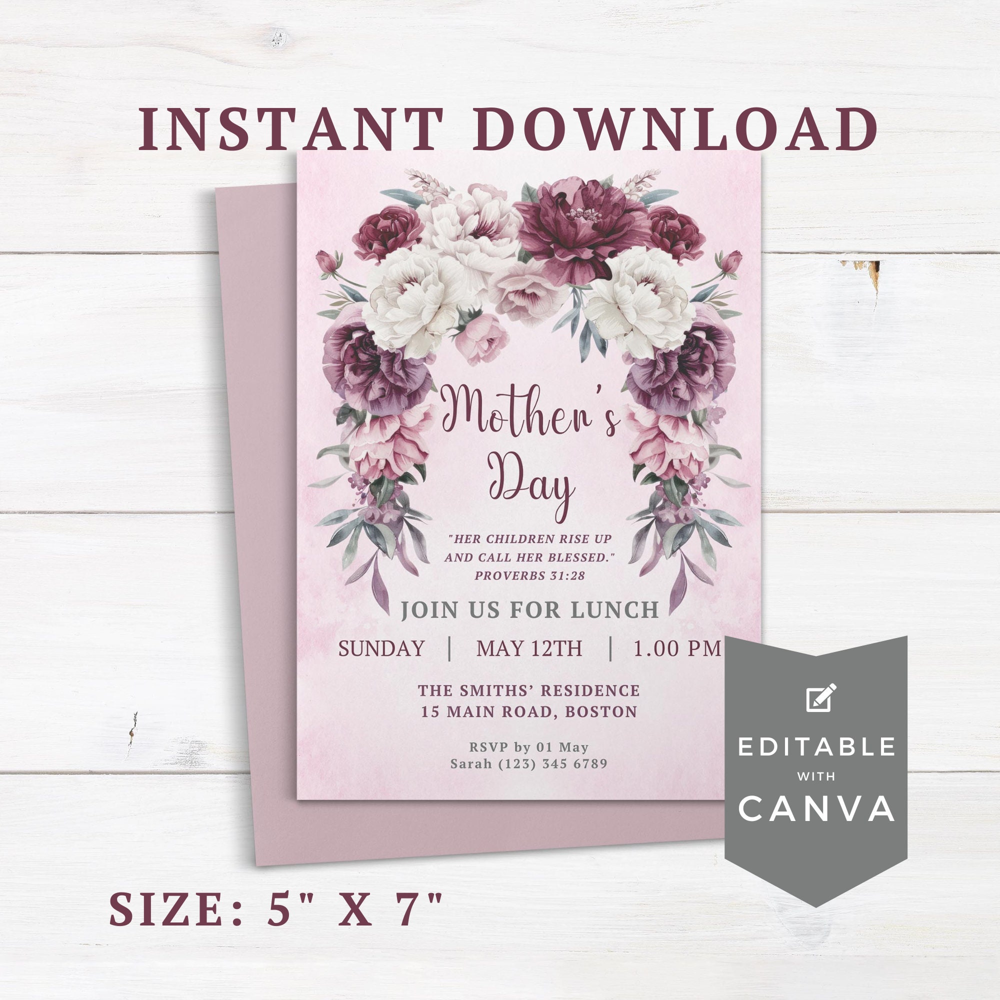 Mothers Day Lunch Invitation INSTANT DOWNLOAD, Religious Invite, Floral ...