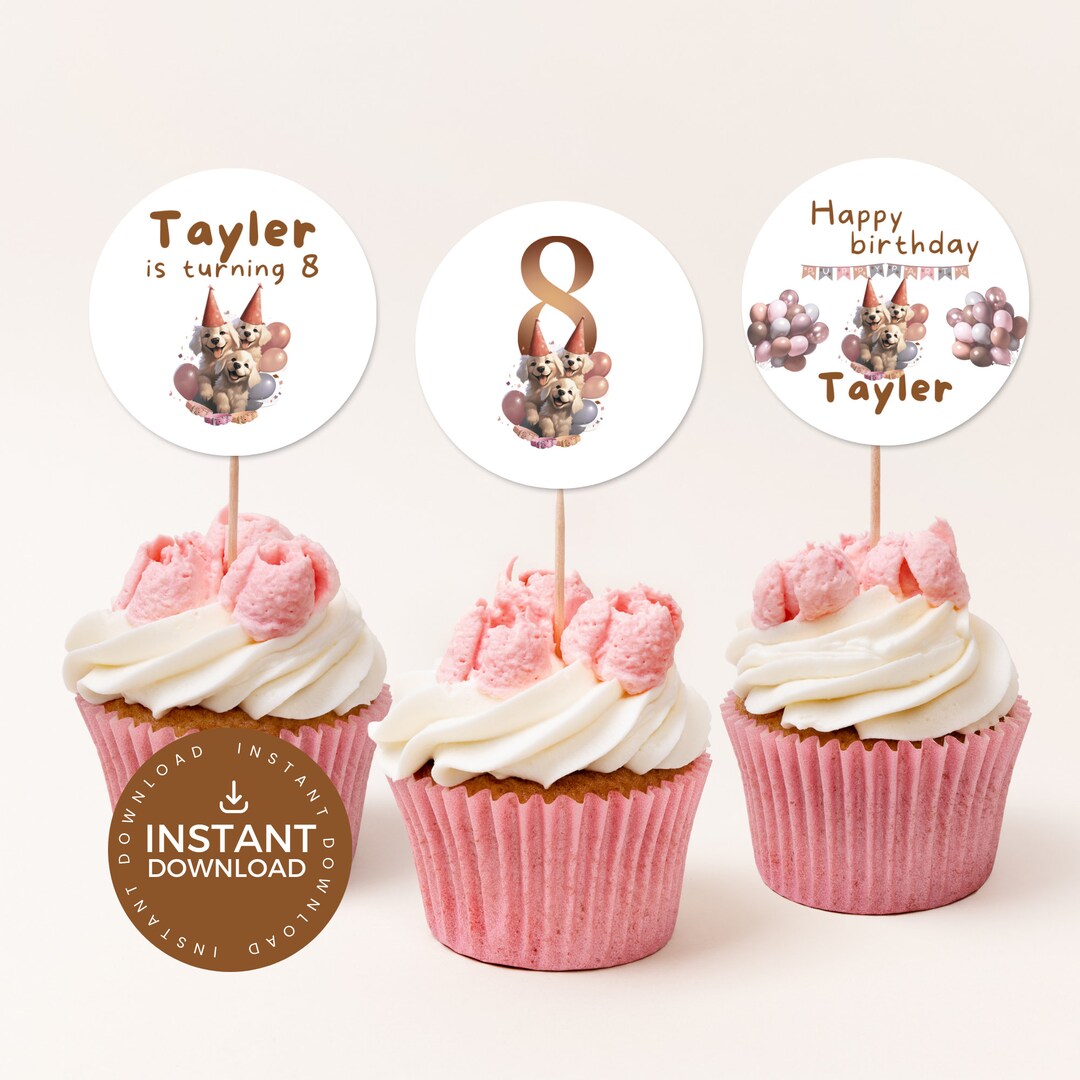 Puppy 8th Birthday Cupcake Toppers INSTANT DOWNLOAD, Girls Eighth ...
