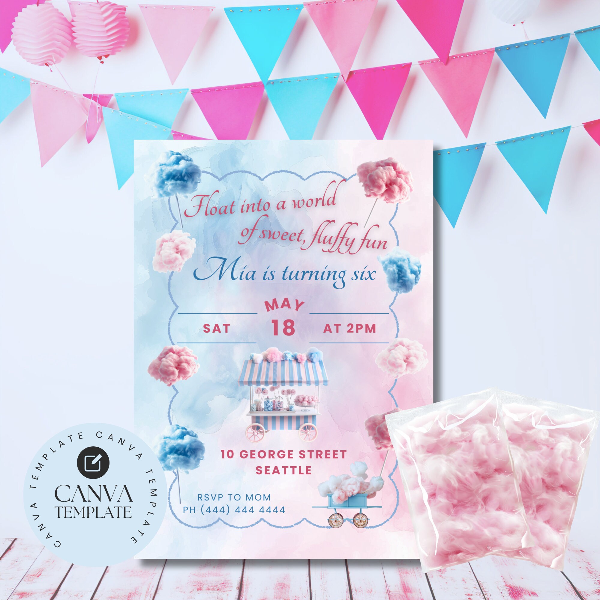 Cotton Candy 6th Birthday Invitation INSTANT DOWNLOAD, Girls Sixth ...