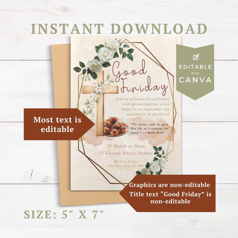 Good Friday Invitation INSTANT DOWNLOAD, Religious Cross, White Roses ...
