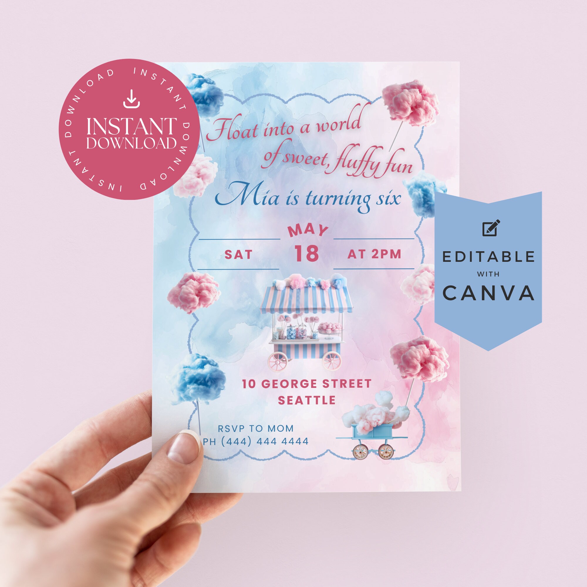 Cotton Candy 6th Birthday Invitation INSTANT DOWNLOAD, Girls Sixth ...