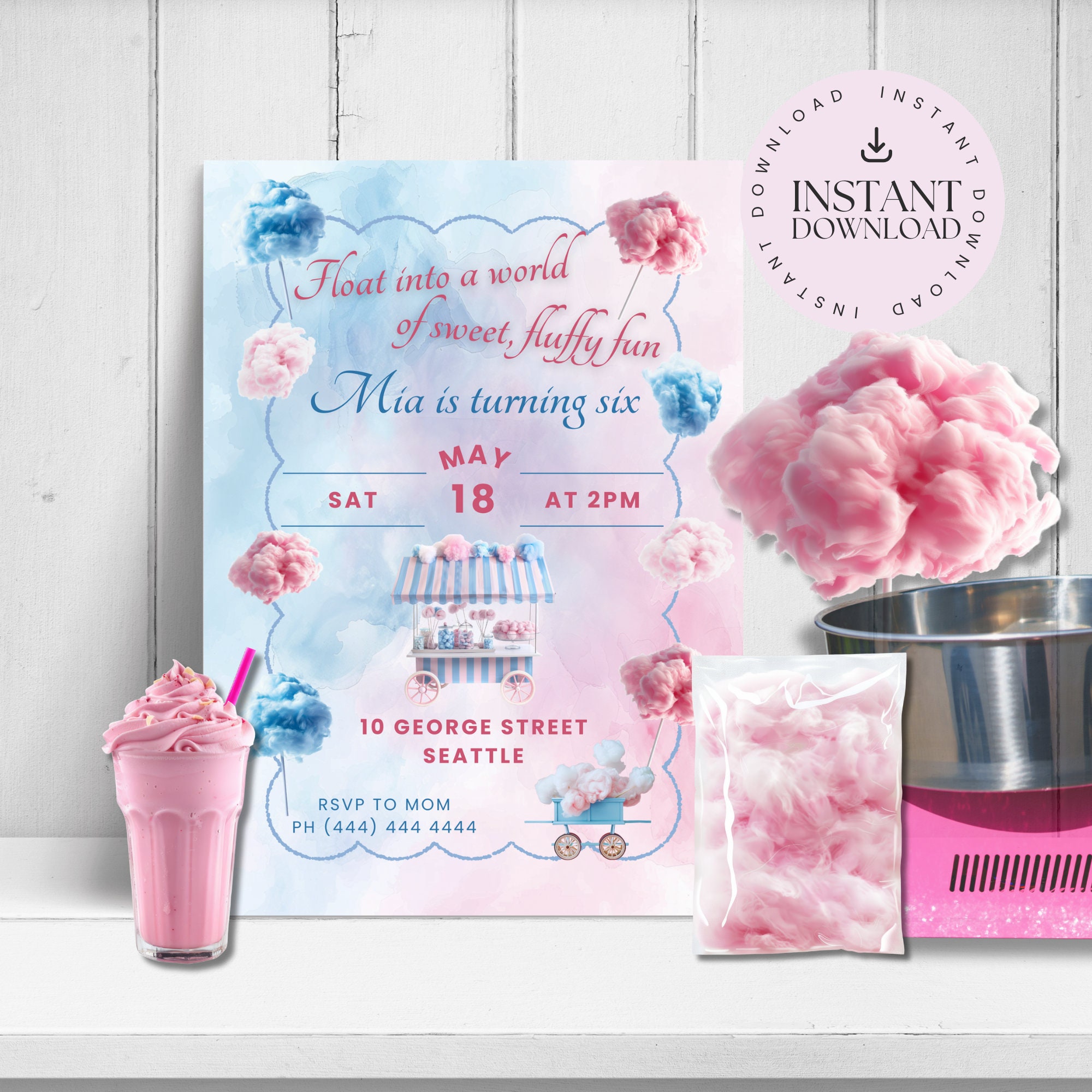 Cotton Candy 6th Birthday Invitation INSTANT DOWNLOAD, Girls Sixth ...