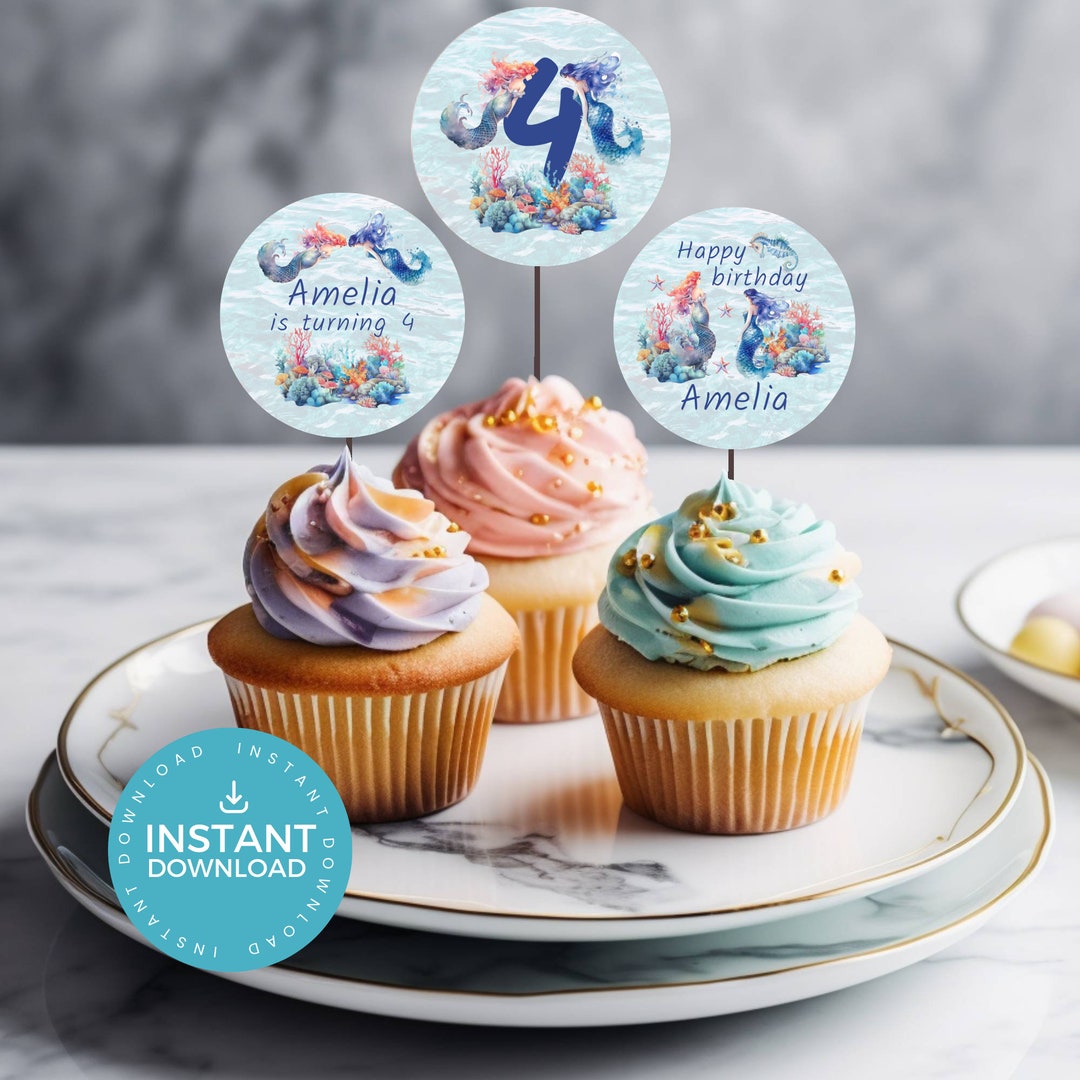 Mermaid 4th Birthday Cupcake Toppers, INSTANT DOWNLOAD, Girls Fourth ...