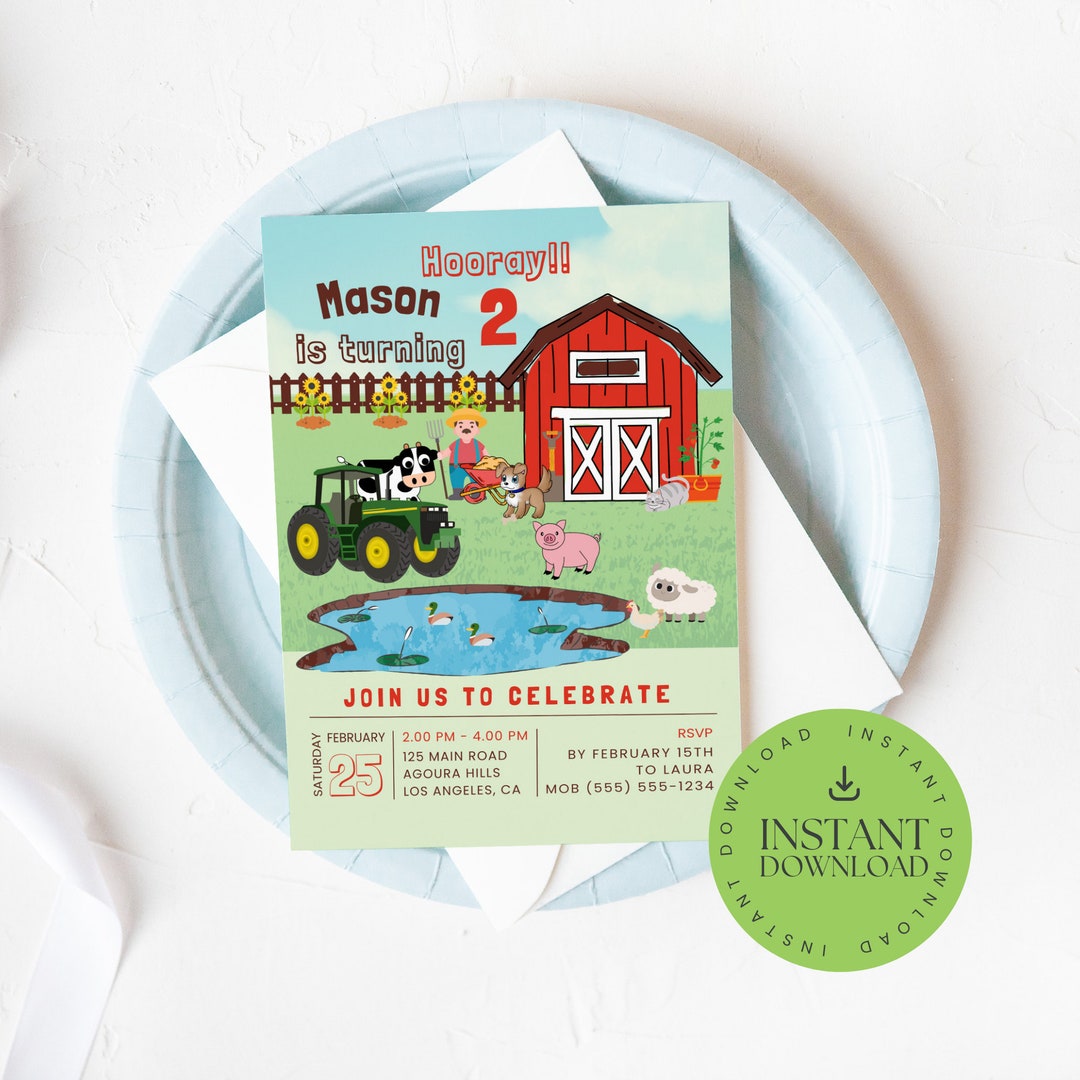 Farm 2nd Birthday Invitation INSTANT DOWNLOAD, Invites Boys Second ...