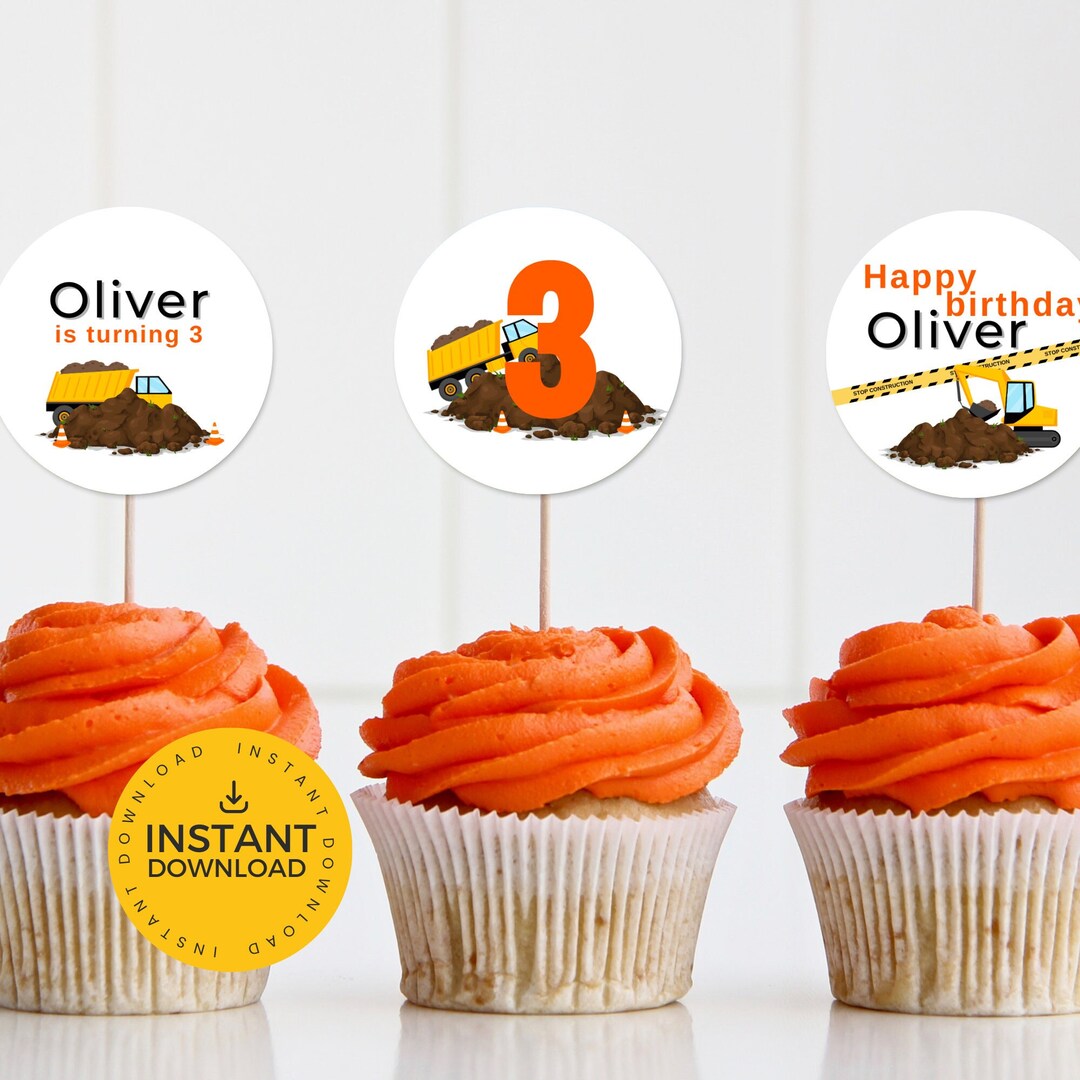Construction 3rd Birthday Cupcake Toppers, INSTANT DOWNLOAD, Boys Third ...