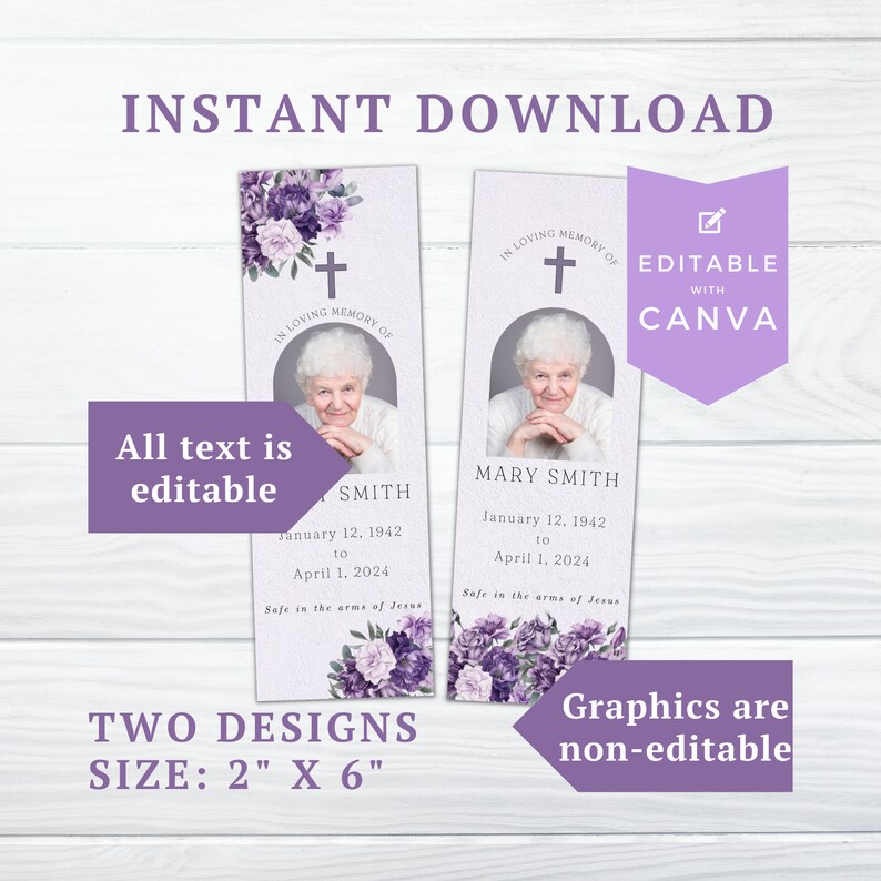 Funeral Bookmark INSTANT DOWNLOAD, Editable Religious Memorial Card ...