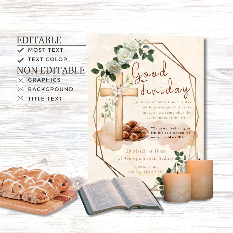 Good Friday Invitation INSTANT DOWNLOAD, Religious Cross, White Roses ...