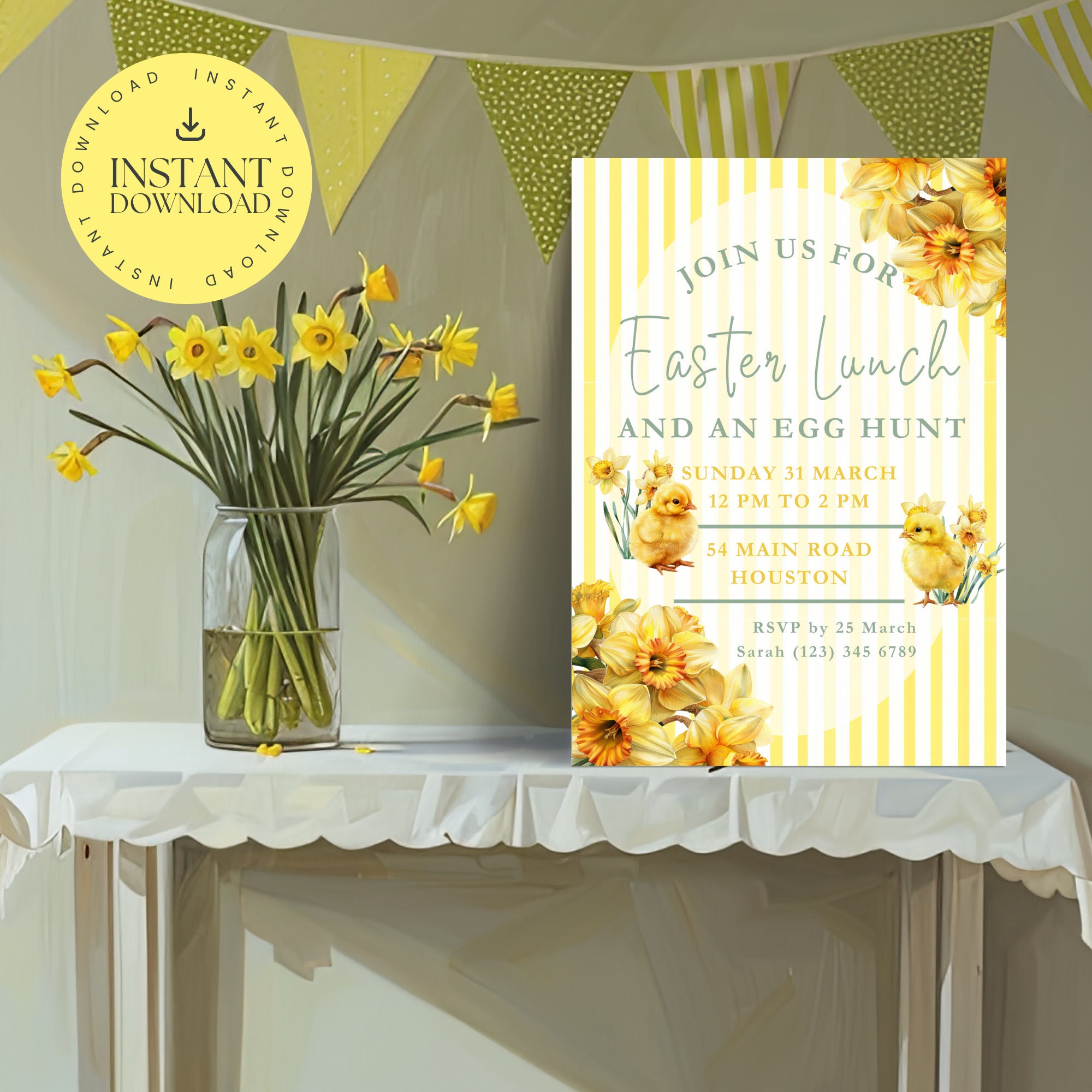 Easter Egg Hunt Lunch Invitation INSTANT DOWNLOAD, Watercolour Invite ...