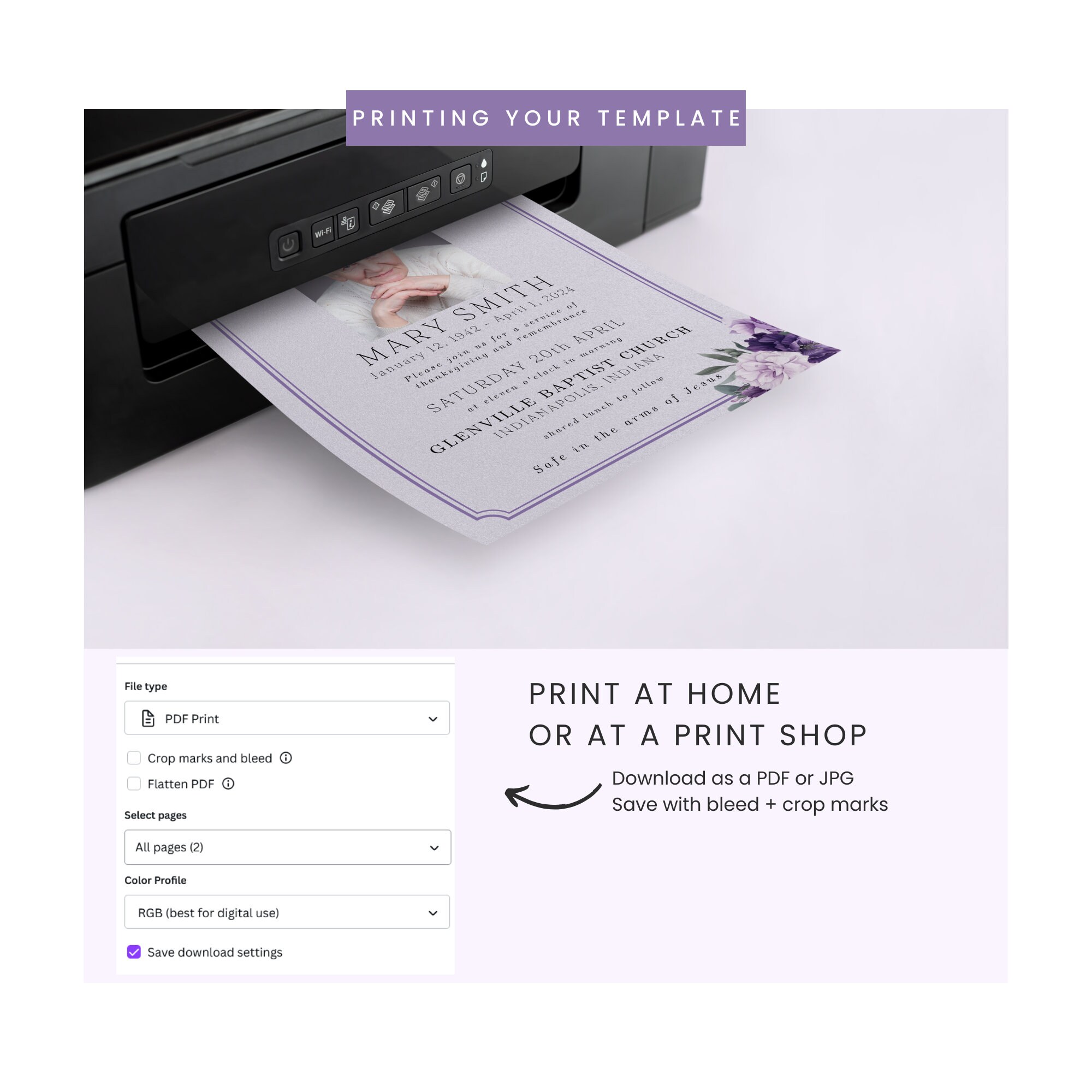 Funeral Invitation INSTANT DOWNLOAD, Celebration of Life, Female ...