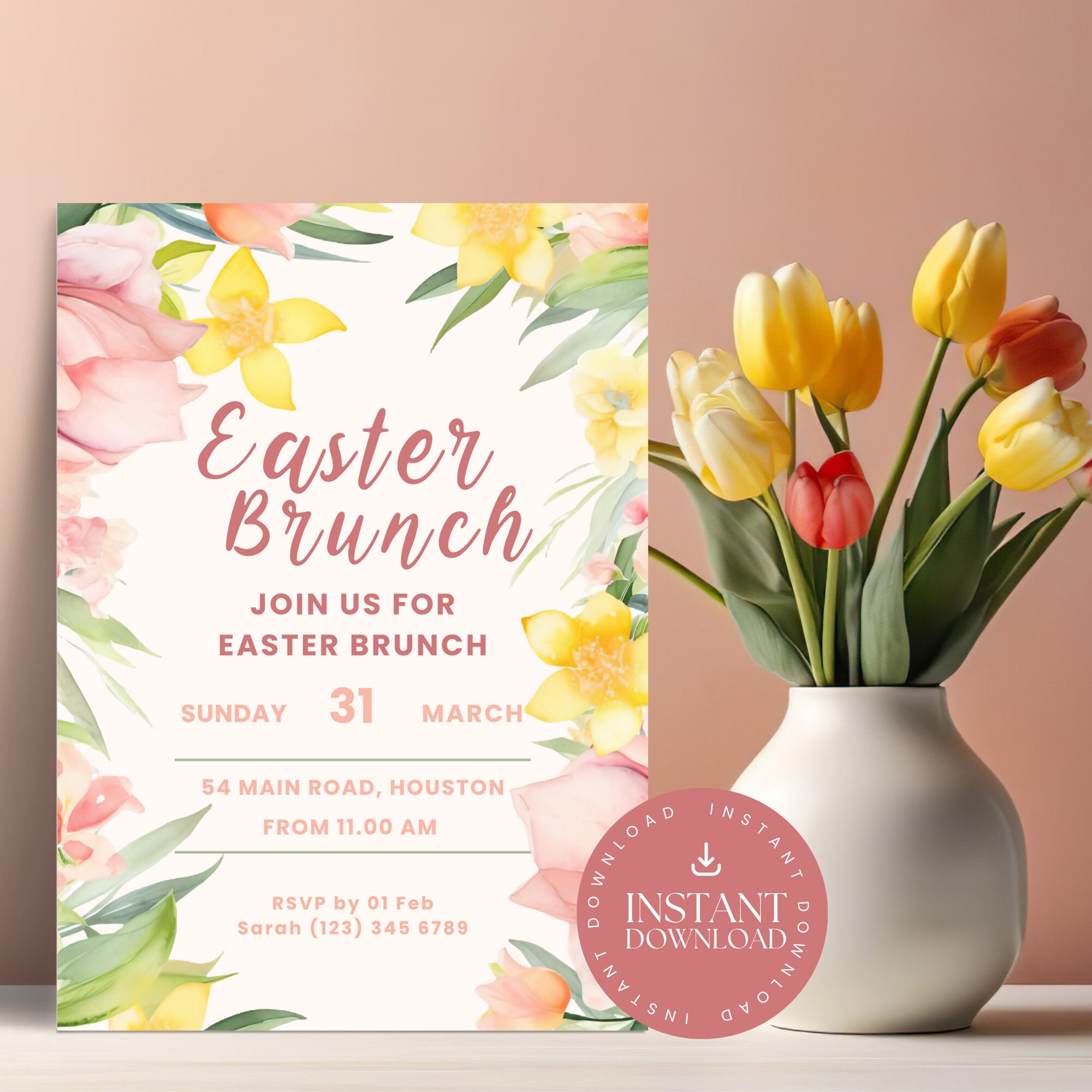 Easter Brunch Invitation INSTANT DOWNLOAD, Floral Watercolour Invite ...