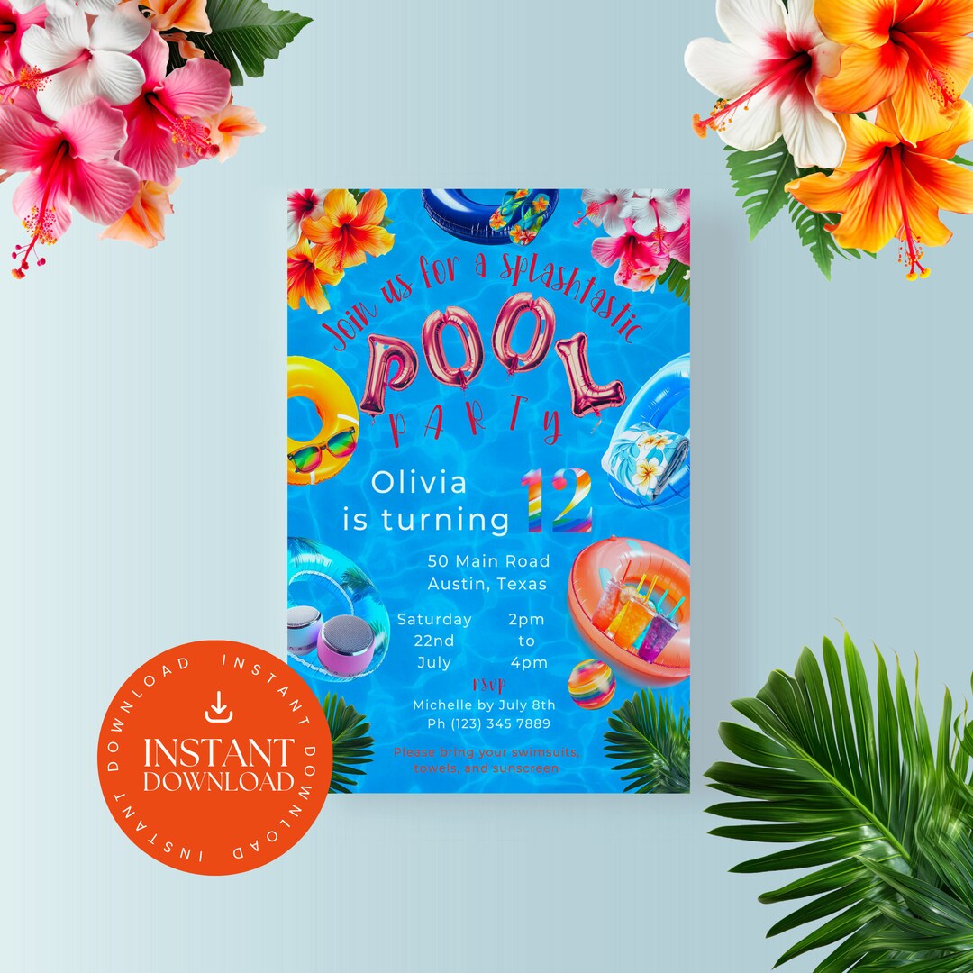 Swimming Party 12th Birthday Invitation INSTANT DOWNLOAD, Invites Girls ...