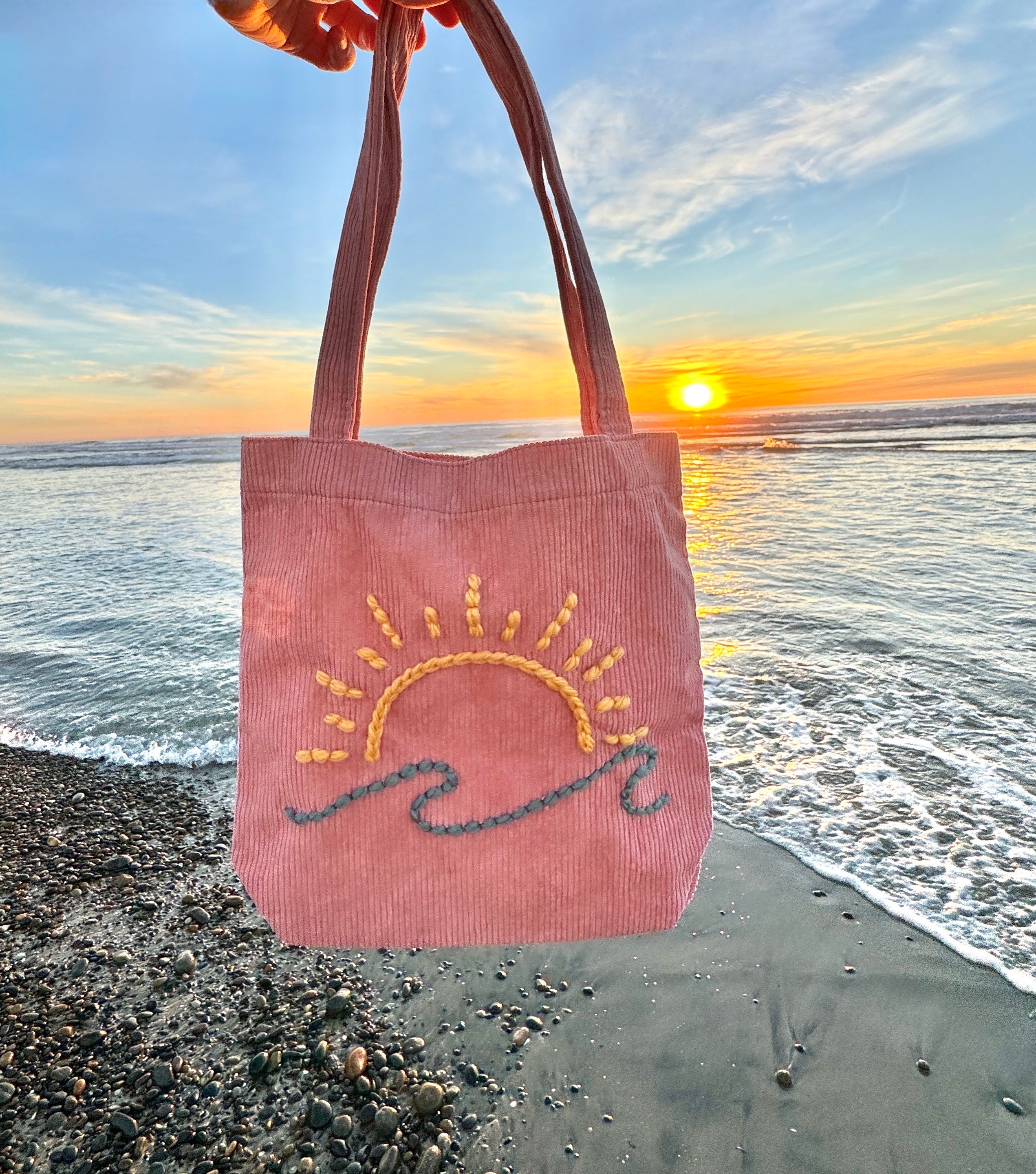 Beach Sunset Totebag Corduroy Bag Ocean Sunset Scene Hand Stitched - Etsy