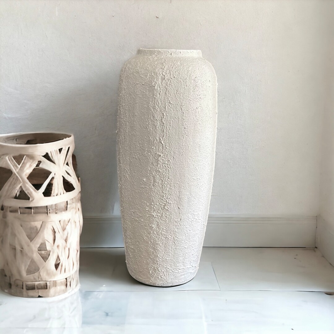 White Double Texture Tall Vase, White Vase, Textured Vase, Handmade ...