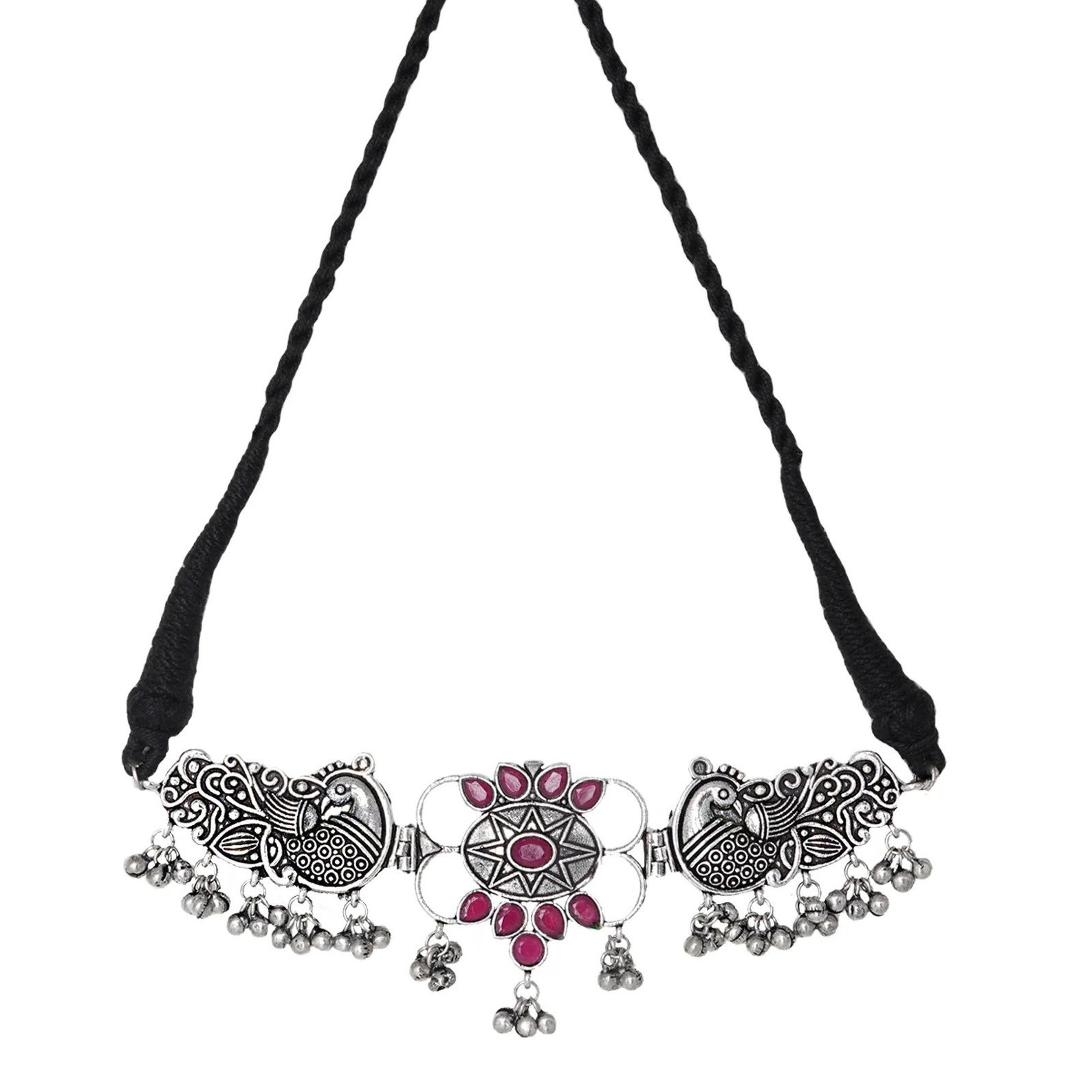 Peacock Design Pink Gemstone Silver Oxidized Necklace Choker With ...