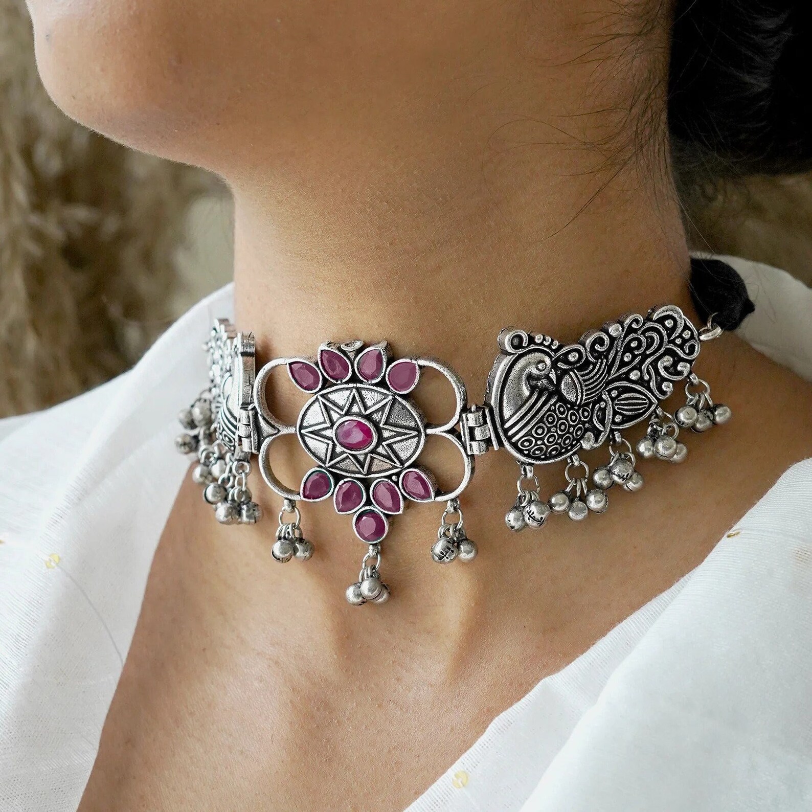 Peacock Design Pink Gemstone Silver Oxidized Necklace Choker With ...
