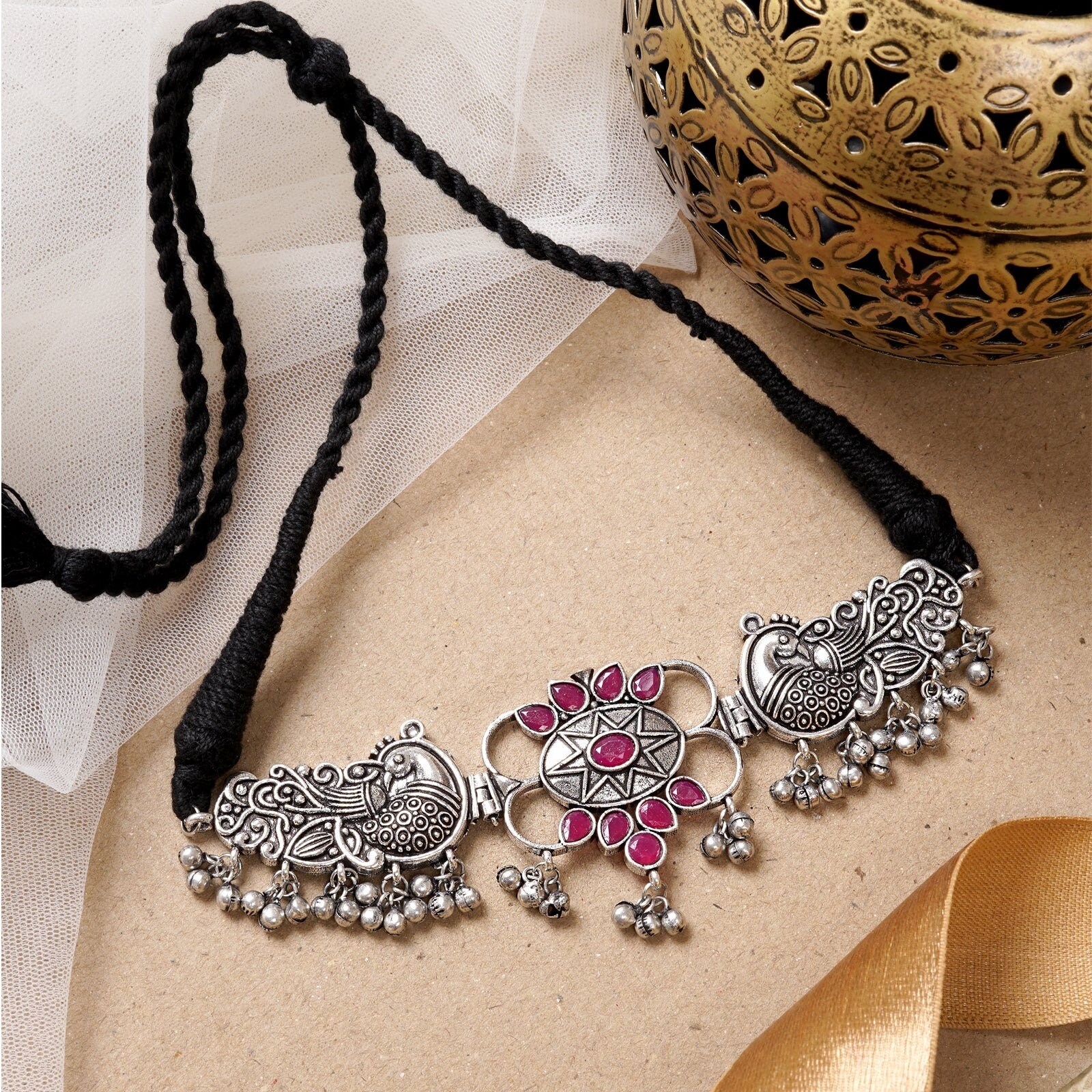 Peacock Design Pink Gemstone Silver Oxidized Necklace Choker With ...