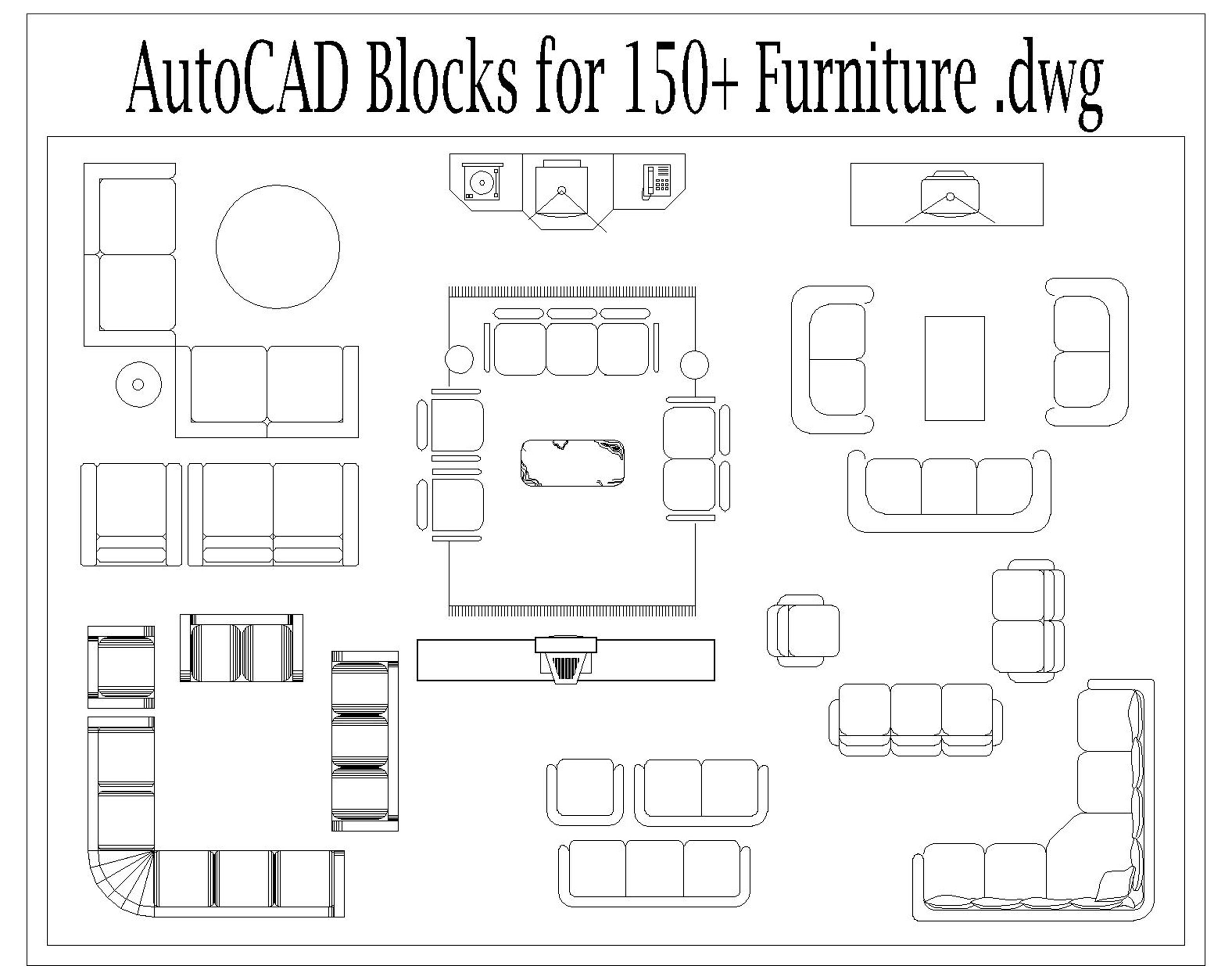 Autocad 2D DWG Furniture Block Drawings Templates home Decor Set of 150 ...