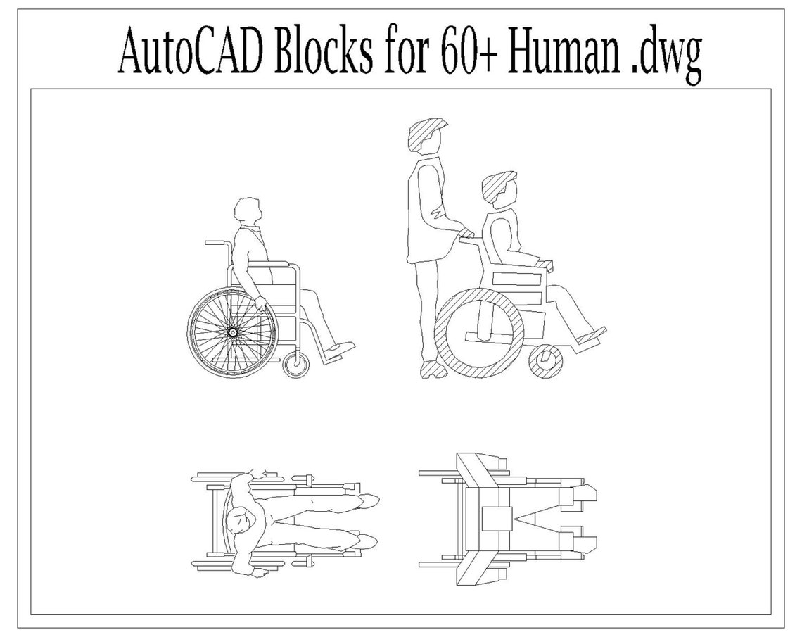 Autocad 2d Dwg Human Block Drawings Templates People Set Of 60 Disable Human Facade Or Plan Etsy