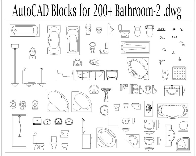 Autocad 2D DWG Bathroom Block Drawings Templates Vol.2 Bath Set of 200 ...