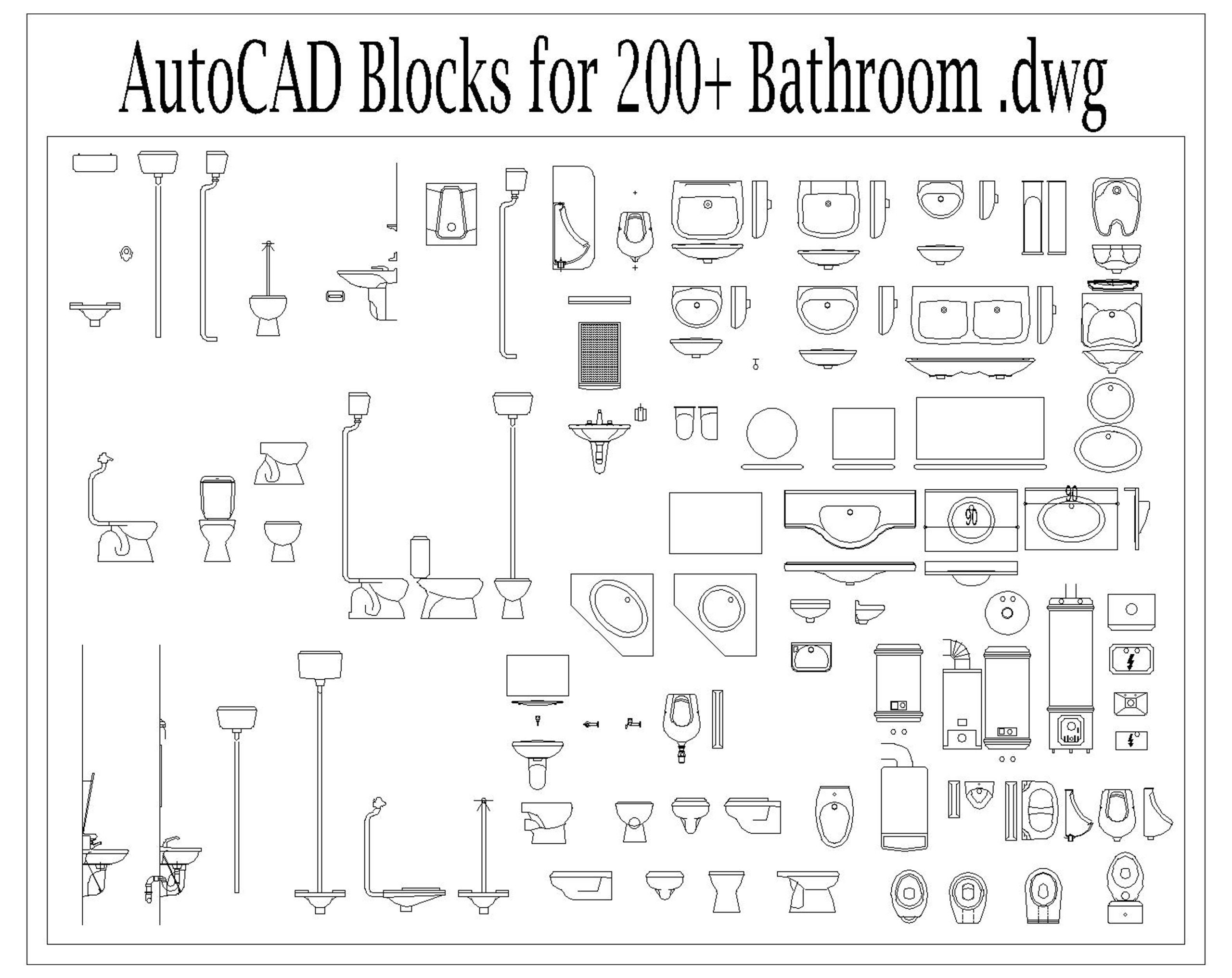Autocad 2D DWG Bathroom Block Drawings Templates Bath Set of 200 Model ...