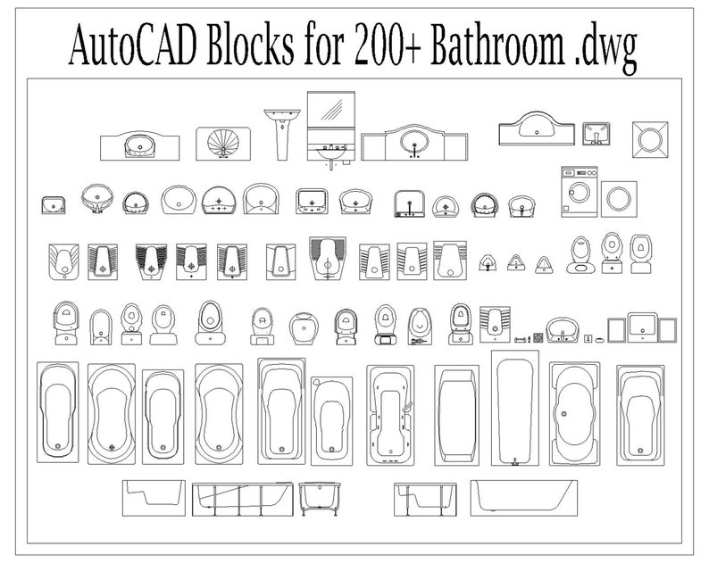Autocad 2D DWG Bathroom Block Drawings Templates Bath Set of - Etsy ...