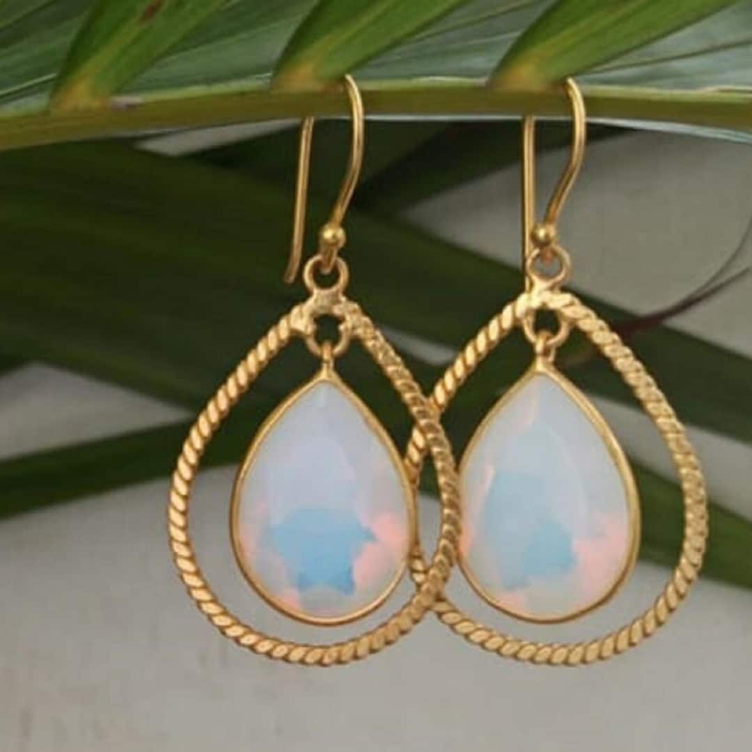 Silver Opal Earrings, Genuine Natural Opal Dangle Earrings, Opal Drop ...