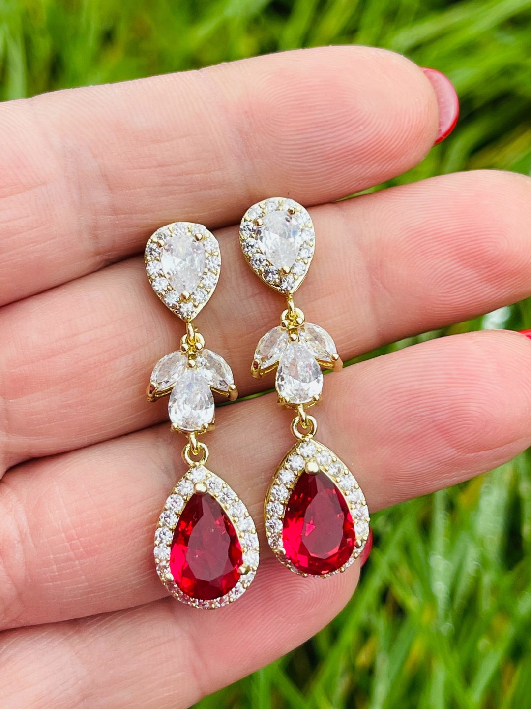 Gold Ruby Red Dangle Bride Earrings Gold Wedding Jewellery Bridal ...