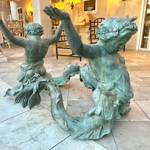 Bronze Two Putti Di Mare Mermen Table Base With Glass Tabletop - Etsy
