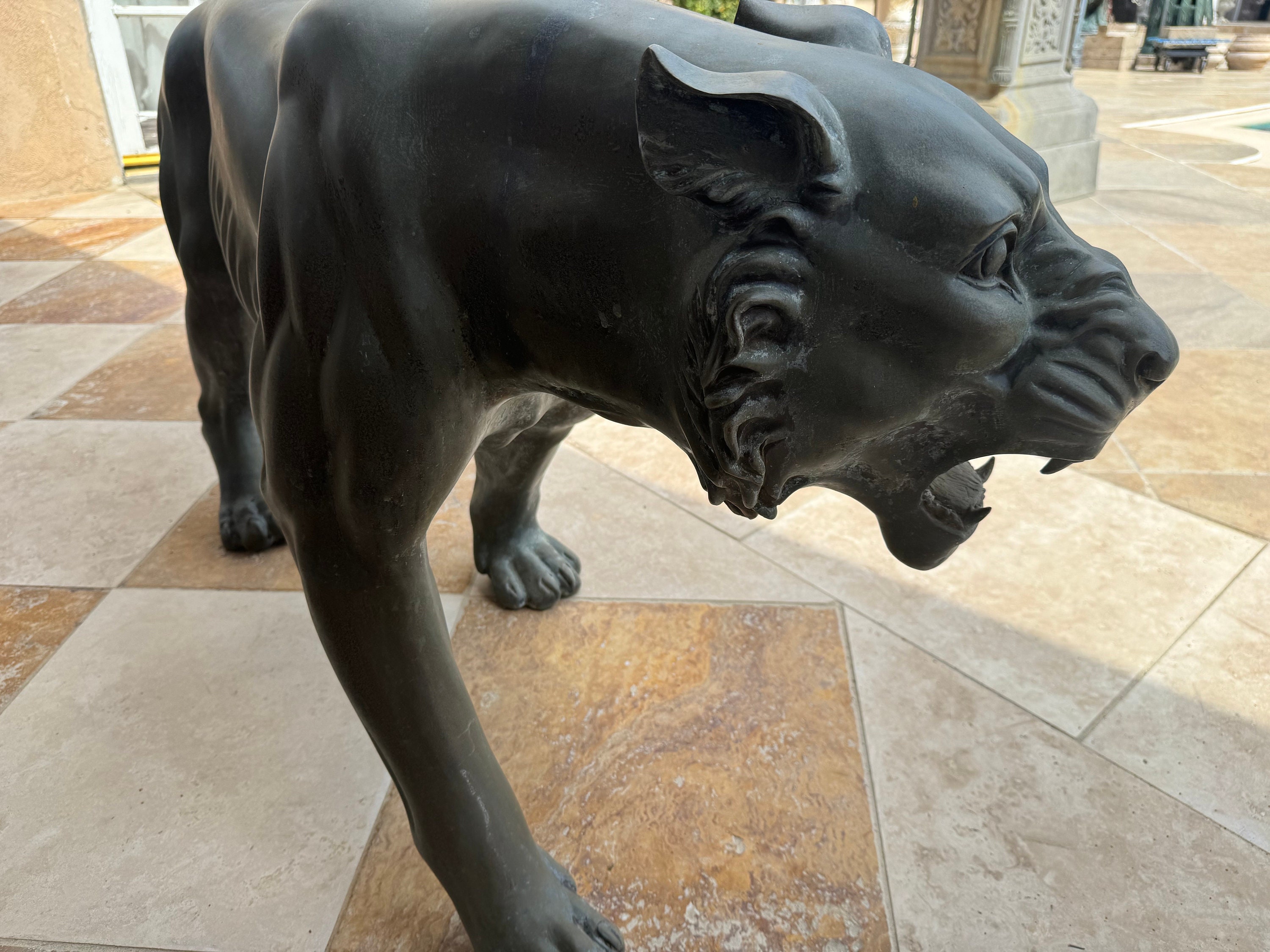 Large Pair of Wildlife Animal Prowling & Roaring Bronze Tiger Statues ...