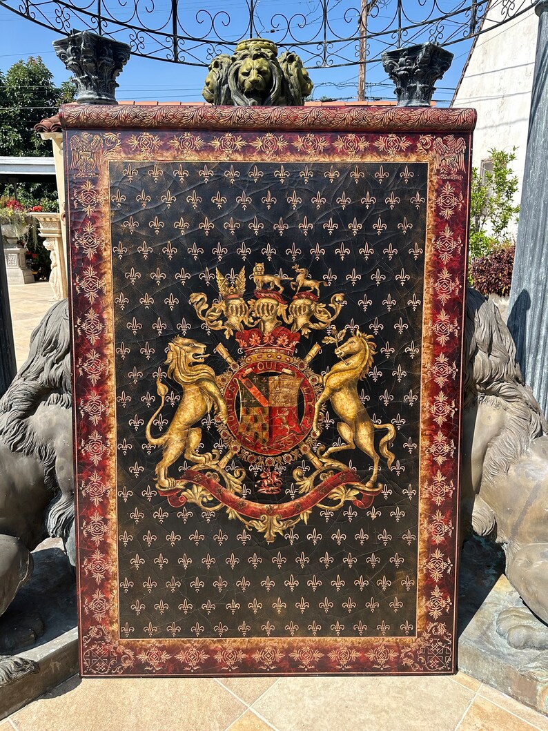 Wooden Tapestry Panel Medieval Crest Coat of Arms Crown Lion Horse ...
