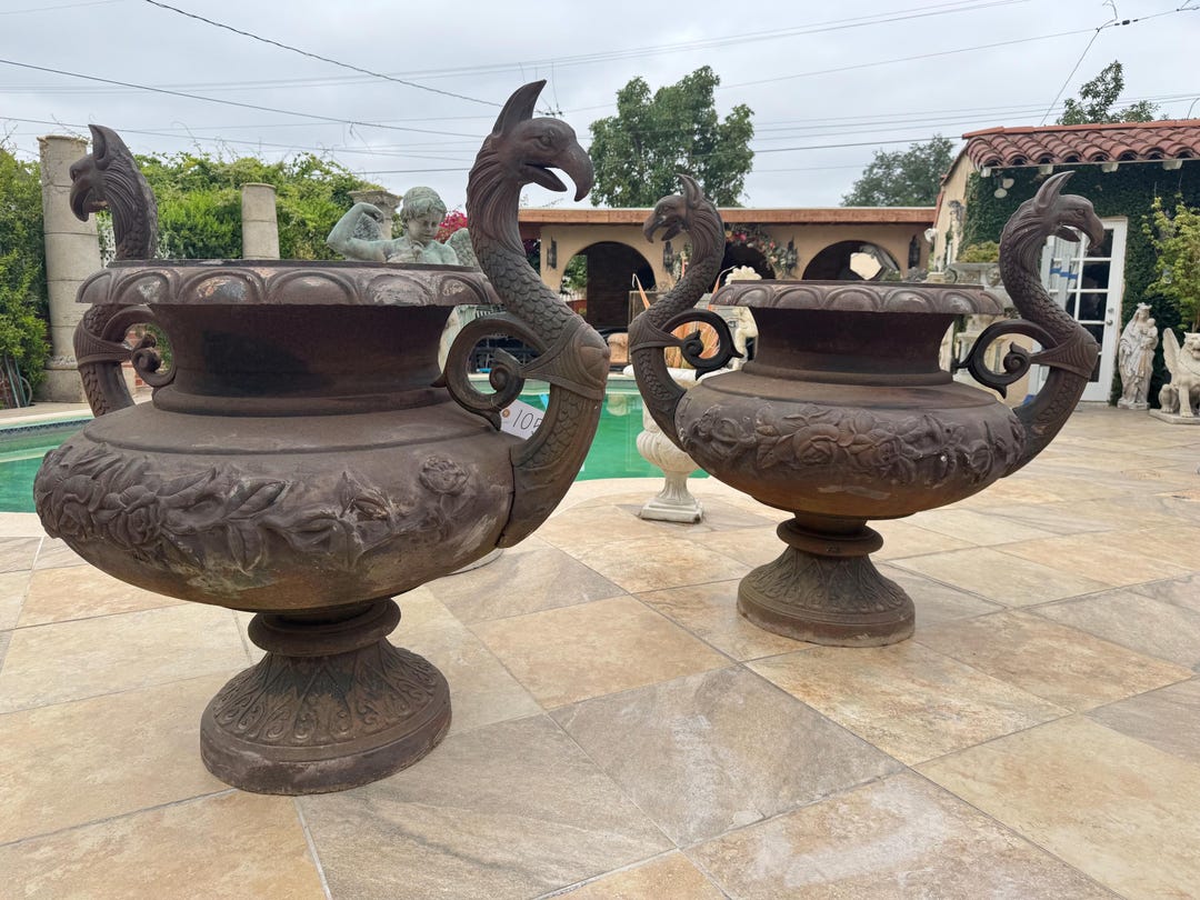 Large Pair of Gothic Revival Cast Iron Ornamental Garden Urns With ...
