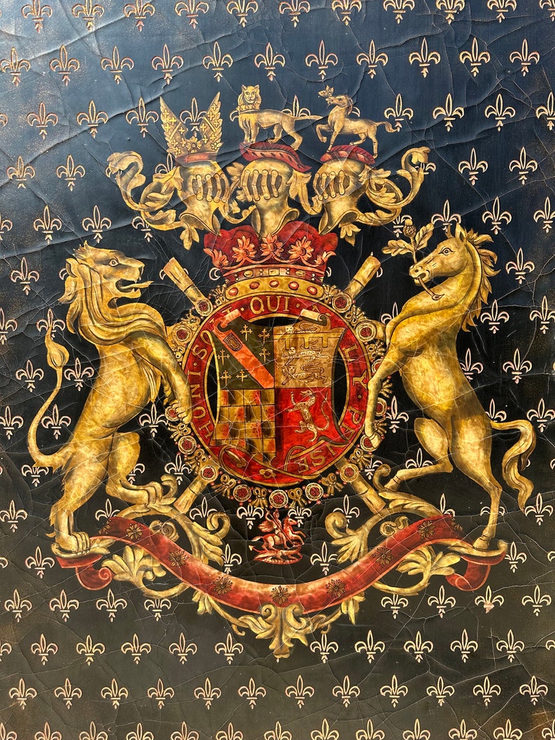 Wooden Tapestry Panel Medieval Crest Coat of Arms Crown Lion Horse ...