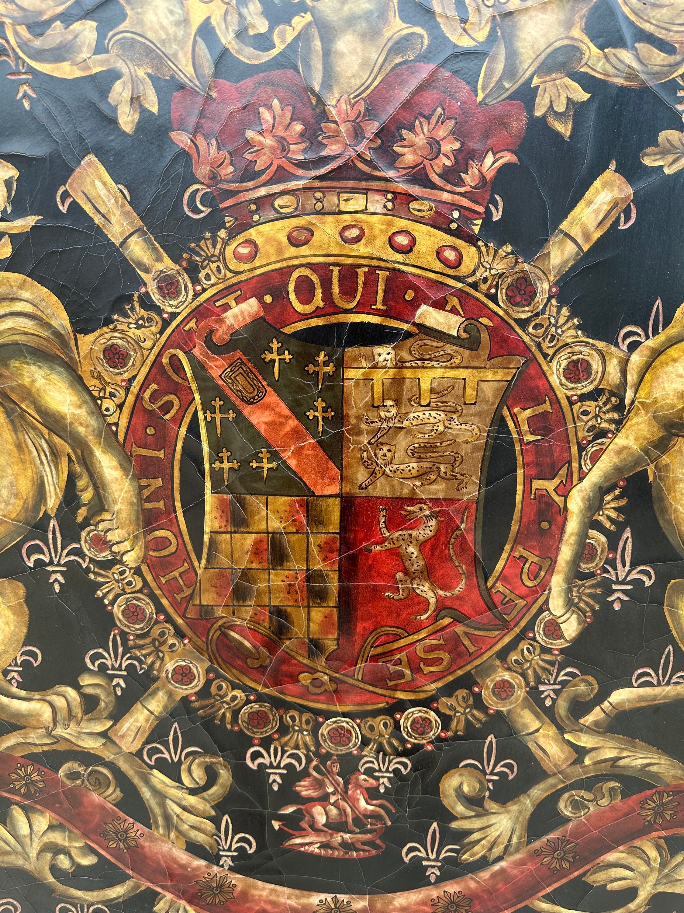 Wooden Tapestry Panel Medieval Crest Coat of Arms Crown Lion Horse ...