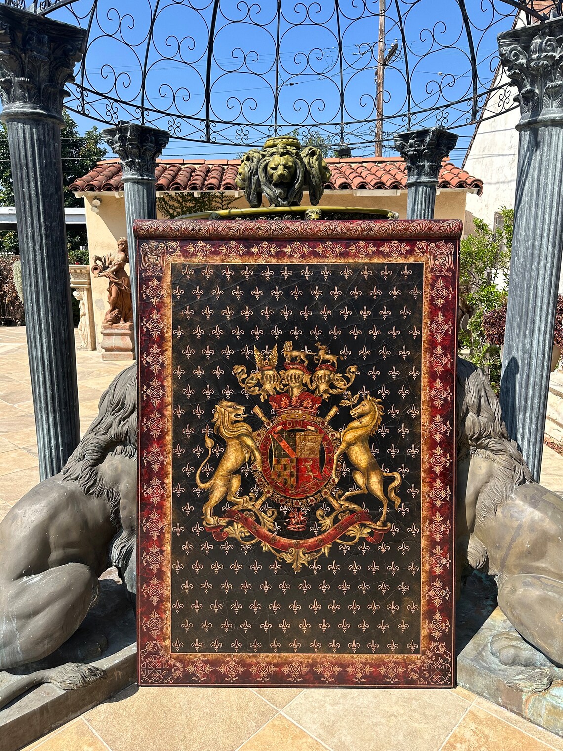 Wooden Tapestry Panel Medieval Crest Coat of Arms Crown Lion Horse ...