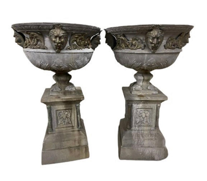 Pair of Monumental Antique Victorian Metal Garden Urns Planters ...