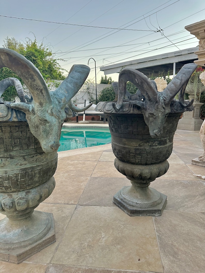 Large Pair of Antique Patinated Ram Goat Head Bronze Urn Planters - Etsy
