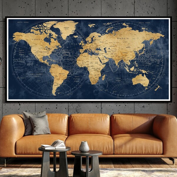 Navy Blue World Map Wall Decor - Etsy