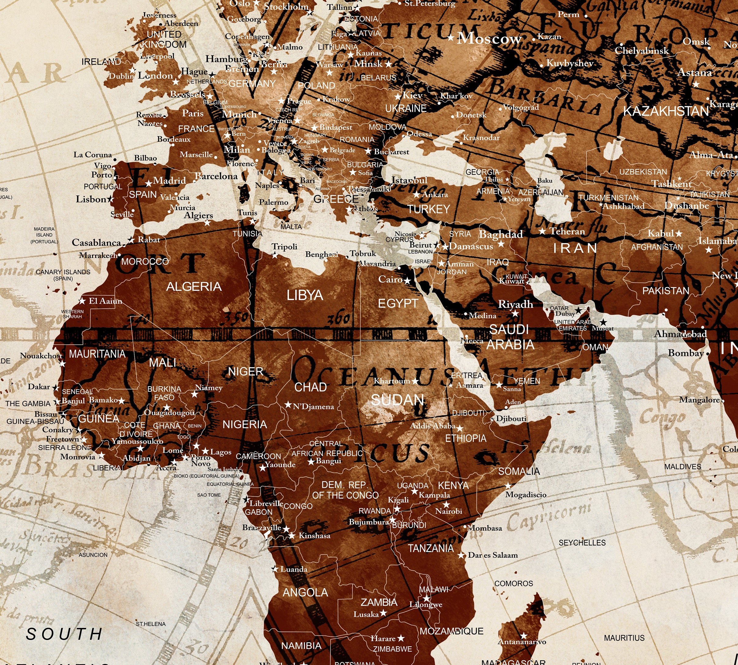 Large World Map Poster Print Black and Sepia World Map Customized World ...