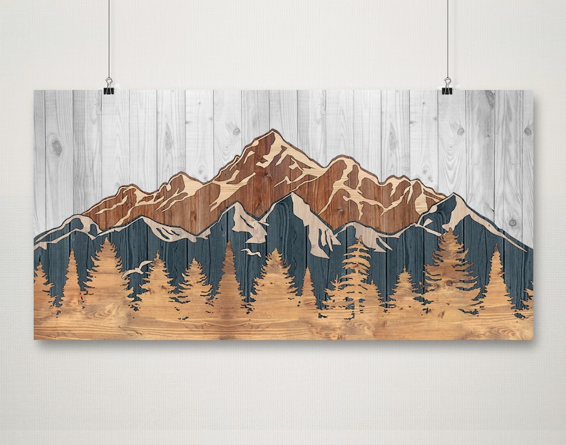 Wood Effect Mountain Range Print: Rustic Modern Wall Art - Etsy