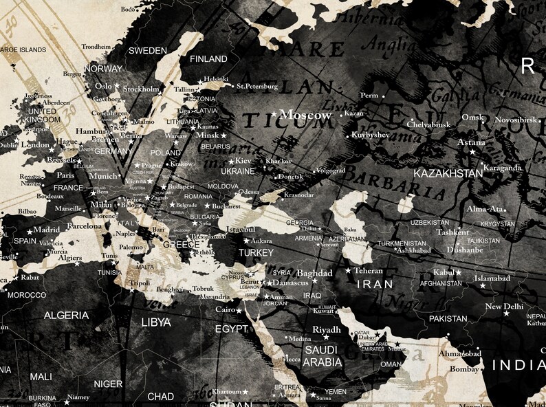 Large World Map Poster Print Black and Sepia World Map - Etsy