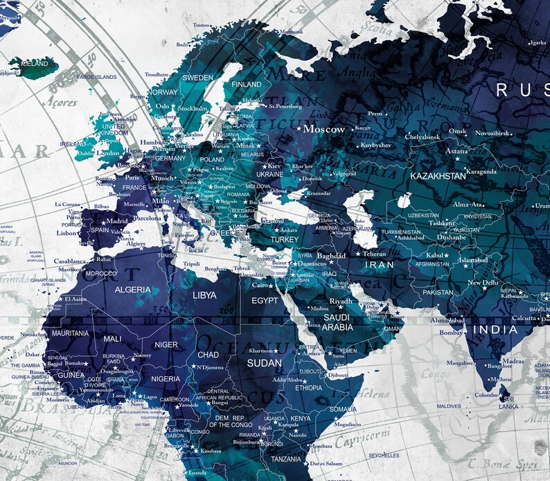 5th Anniversary Gift for Husband, Deep Blue World Map Wall Art, Hanging ...